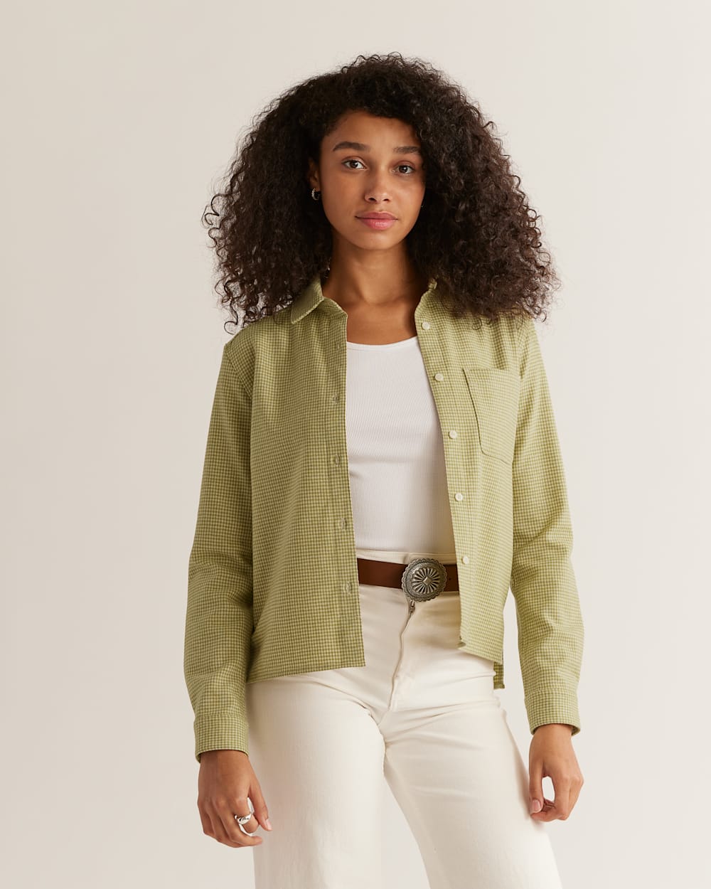 Shop Women's Cropped Wool Shirt - Olive Mini Check | Pendleton