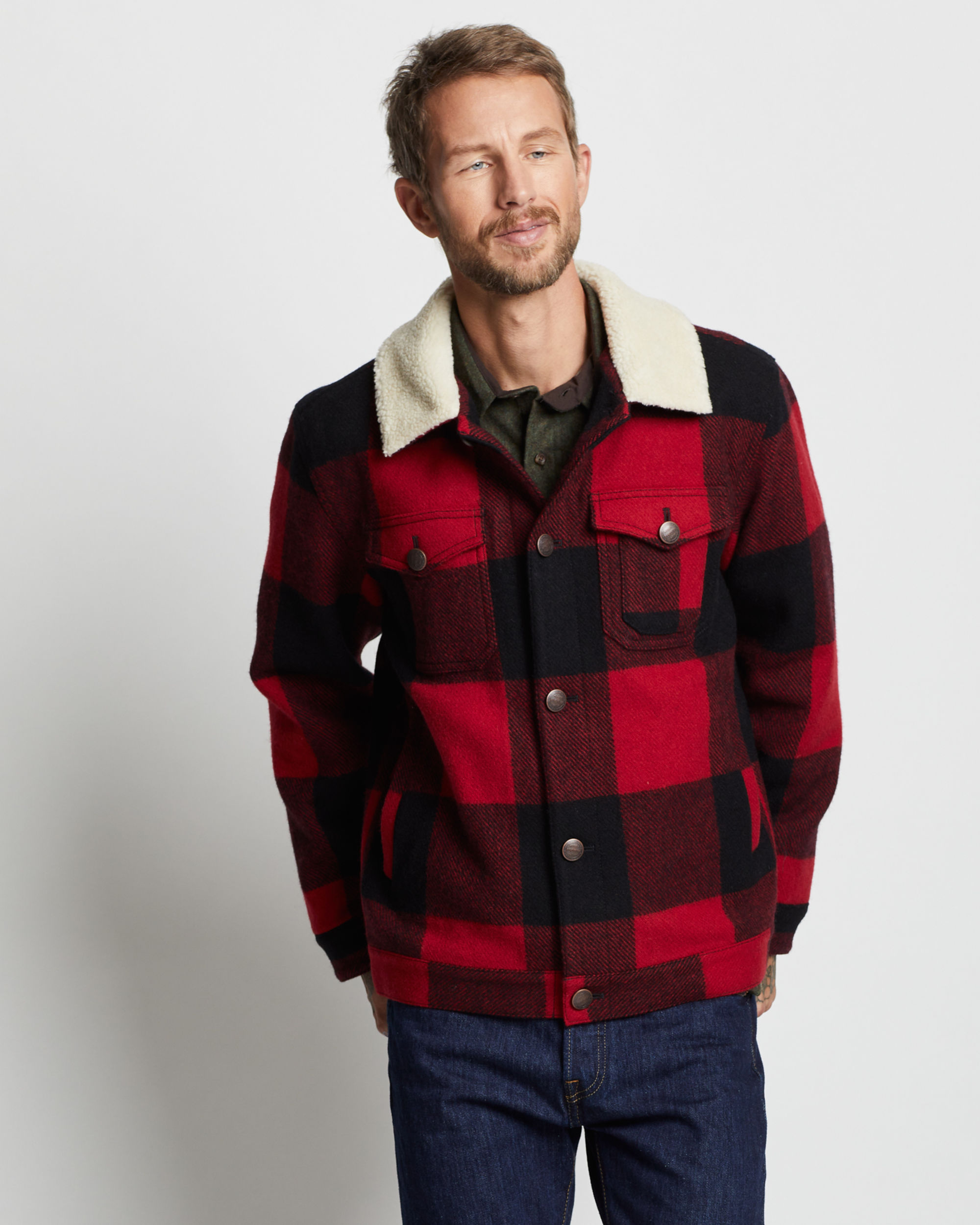 Men's Wool Stadium Cloth Plaid Trucker Coat