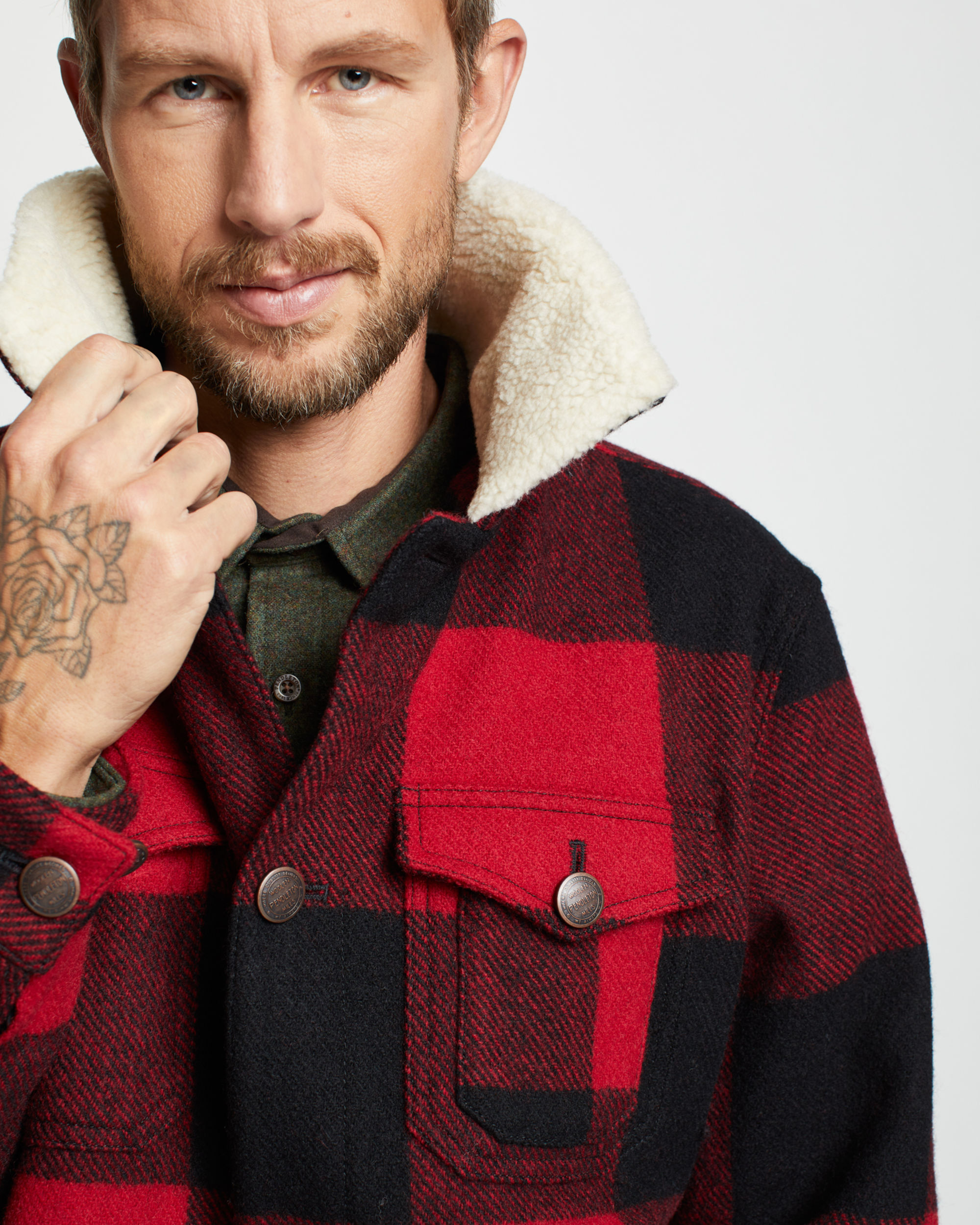 Men's Wool Stadium Cloth Plaid Trucker Coat